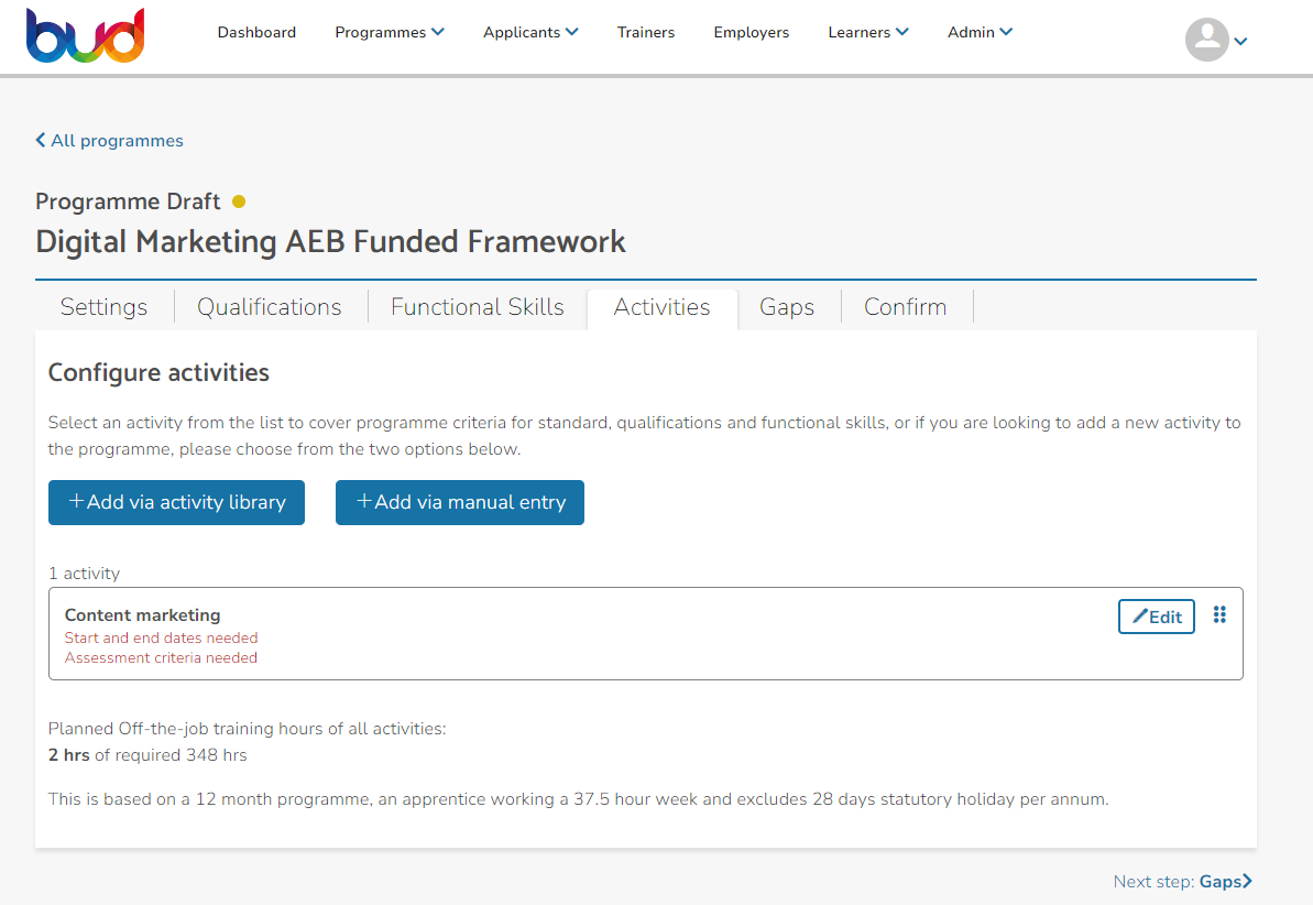 Activity Library - Adding Activities to an Other Skills and Training Programme Build – Bud Systems
